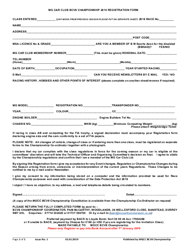 Fillable Online 2020 BCV8 REGISTRATION FORM V3 - BCV8 CHAMPIONSHIP Fax Email Print - pdfFiller