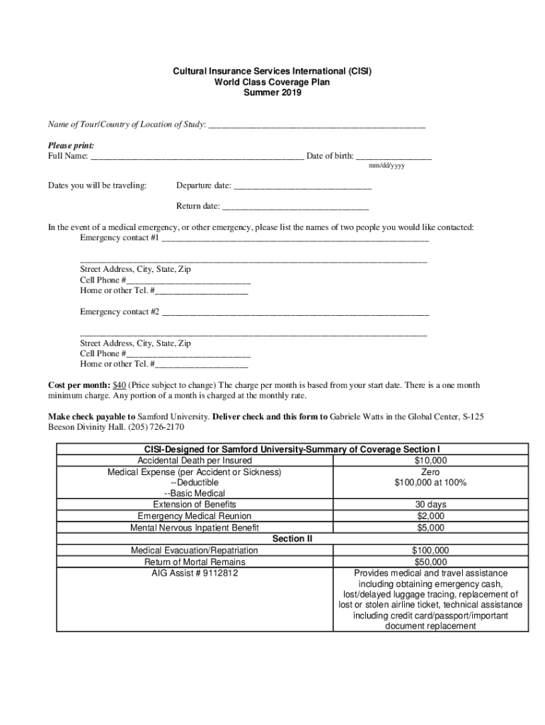 Fillable Online Cultural Insurance Services International (CISI) World ...