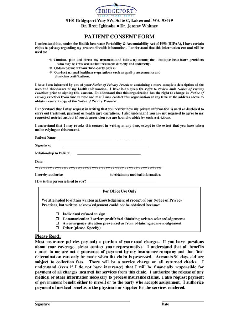 Fillable Online PATIENT CONSENT FORM - Bridgeport Vision ClinicLakewood ...