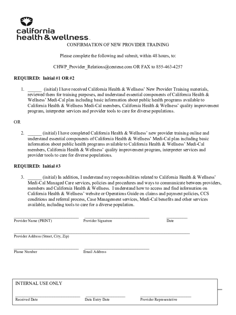 Fillable Online CONFIRMATION OF NEW PROVIDER TRAINING. CHW Provider ...