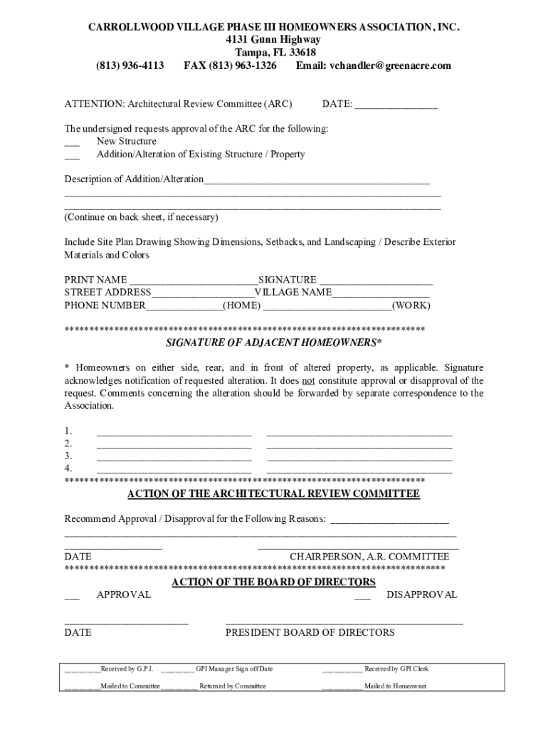 Fillable Online Architectural Review Form Carrollwood Village Phase I ...