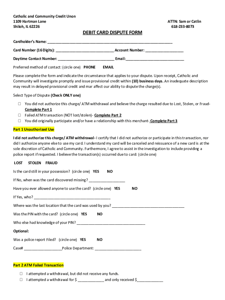 Fillable Online DEBIT CARD DISPUTE FORM - catholicandcommunitycu.com ...