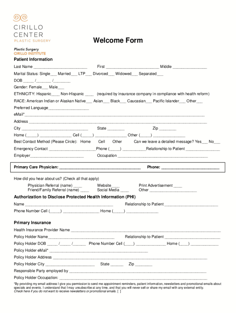 Fillable Online A-BMSC New Patient Welcome Form 2019.07 - Cirillo ...