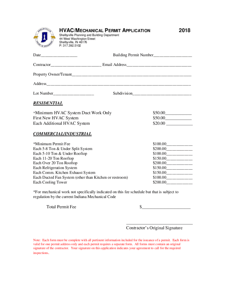 Fillable Online HVAC/MECHANICAL PERMIT APPLICATION 2018 - Shelbyville ...