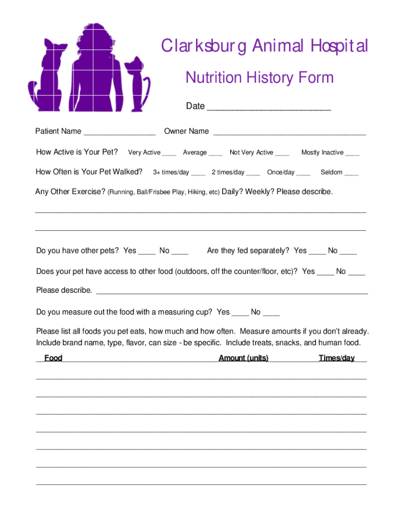 Fillable Online Nutrition History Form CAH Fax Email Print - pdfFiller