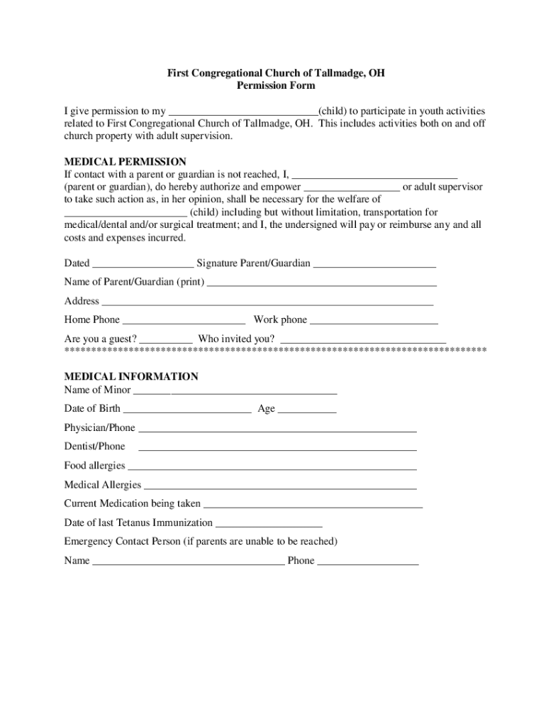 Fillable Online Permission Slip Template - First Church of Christ Fax ...