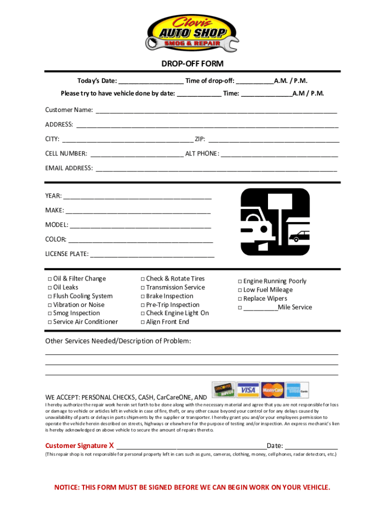 Fillable Online DROP-OFF FORM - Clovis Auto Shop Fax Email Print ...