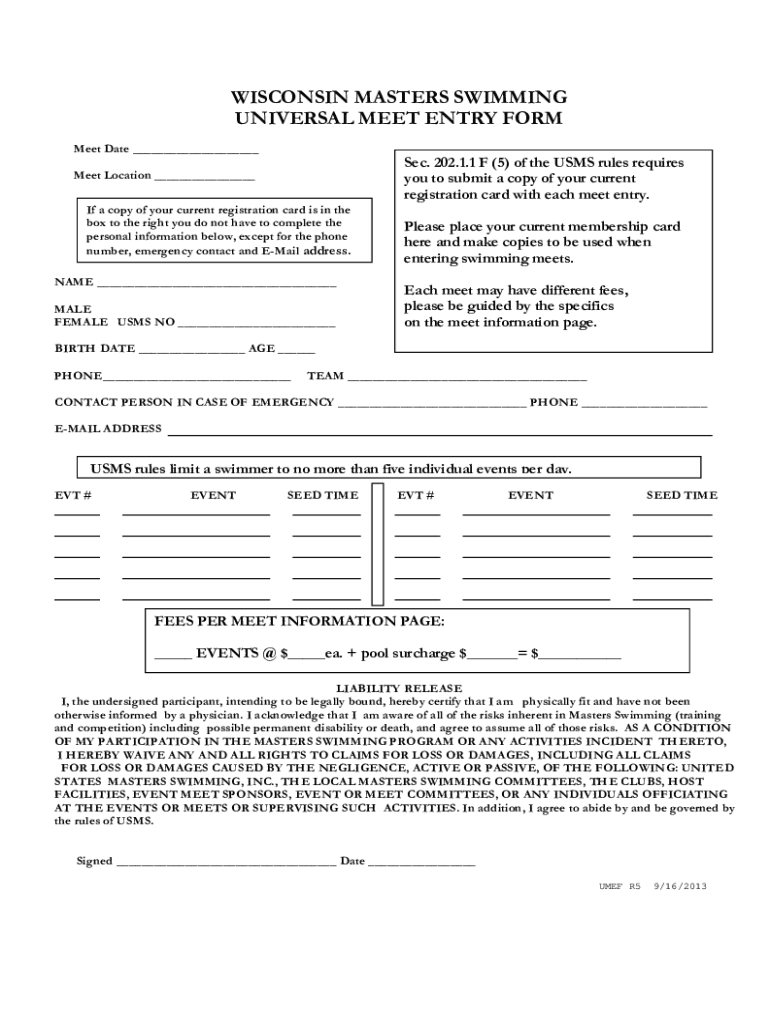 Fillable Online Get the WISCONSIN MASTERS SWIMMING UNIVERSAL MEET ENTRY ...