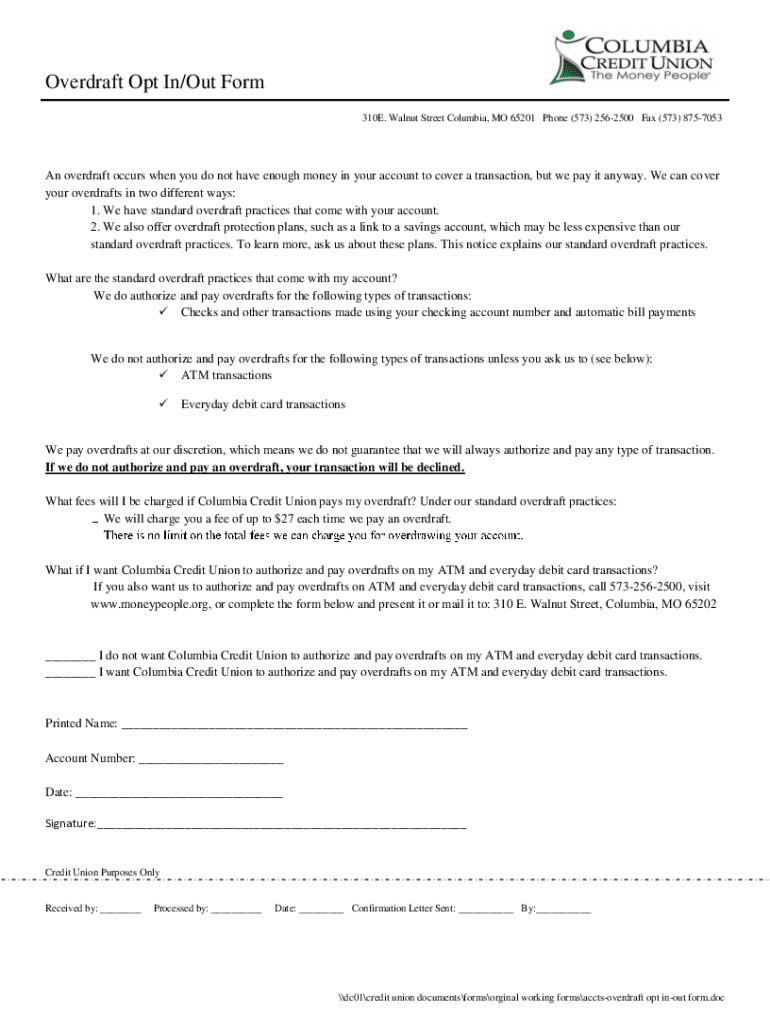 Fillable Online Overdraft Opt In/Out Form Fax Email Print - pdfFiller