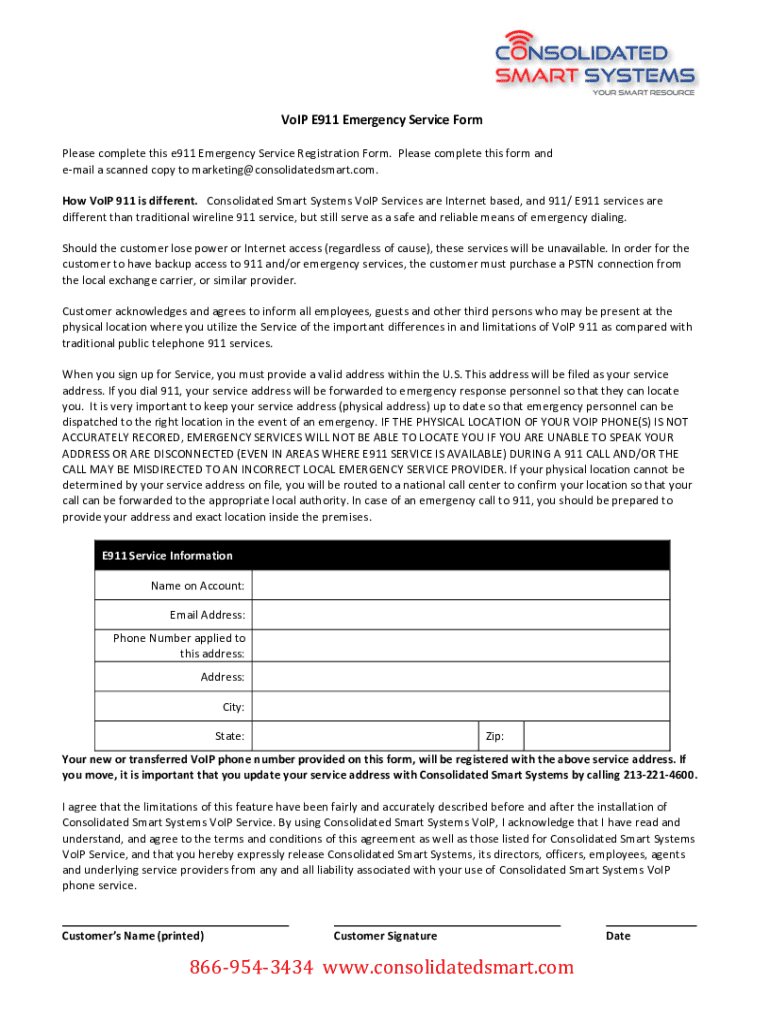 Fillable Online Business VoIP E911 Emergency Service Form Fax Email ...