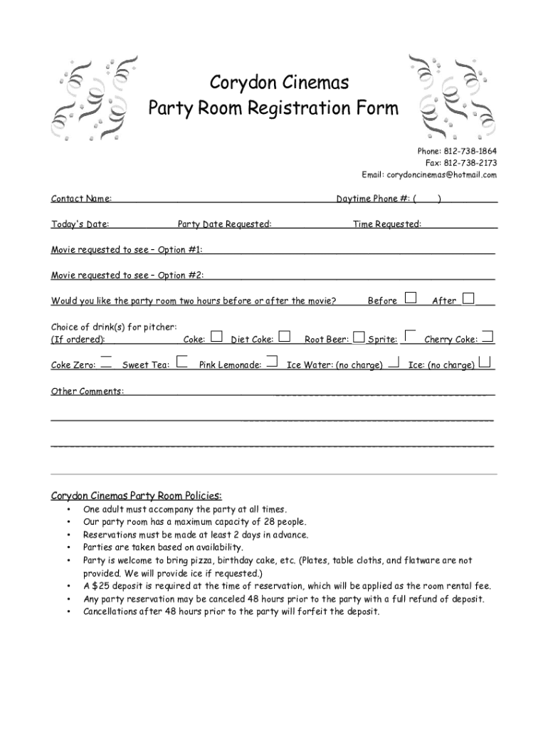Fillable Online Corydon Cinemas Party Room Registration Form Fax Email ...