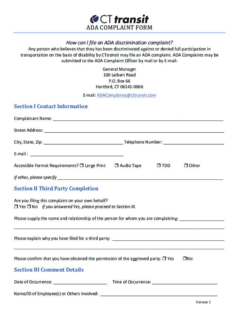 Fillable Online ADA Complaint Form ENG final - CTTRANSIT Fax Email ...