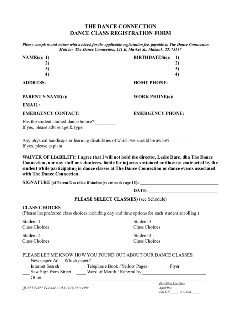 Fillable Online THE DANCE CONNECTION DANCE CLASS REGISTRATION FORM Fax ...