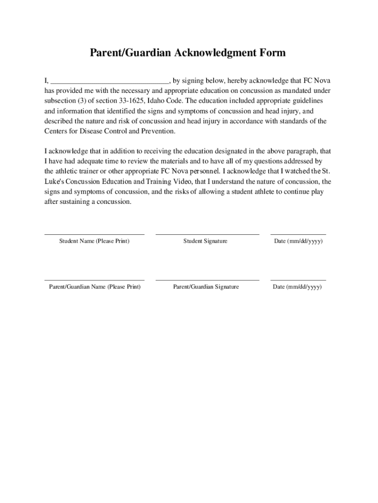 Fillable Online Parent/Guardian Acknowledgment Form - FC Nova, Inc Fax Email Print - pdfFiller