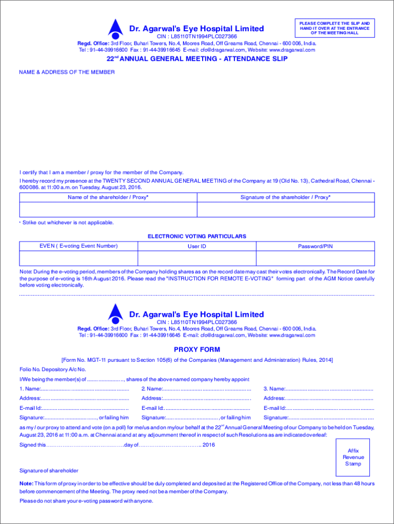 Fillable Online Dr. Agarwal Hospital Attendance Slip & Proxy Form Fax ...