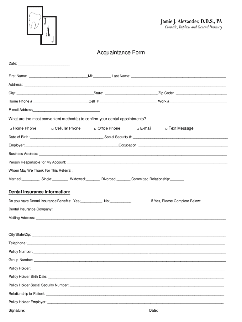 Fillable Online Acquaintance Form - Dr. Jamie Alexander Fax Email Print - pdfFiller