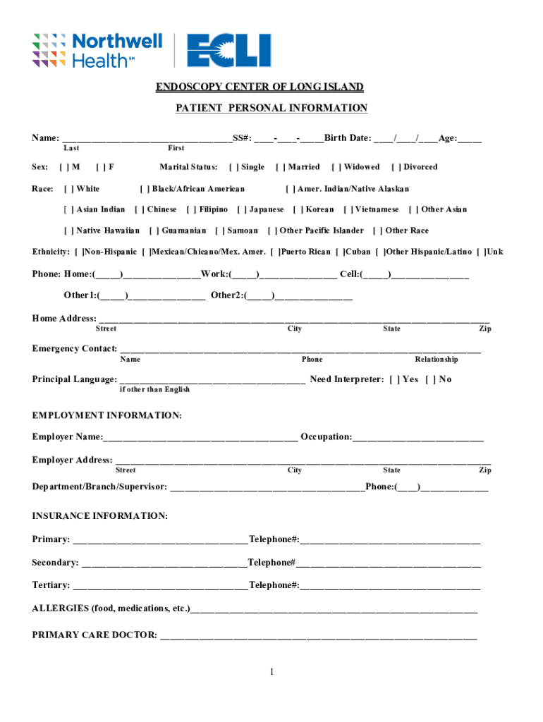 Fillable Online ENDOSCOPY CENTER OF LONG ISLAND PATIENT PERSONAL ...