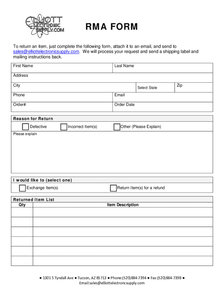 Fillable Online Authorized RMA Return A Request Form RMA CHECKLIST Fax Email Print - pdfFiller