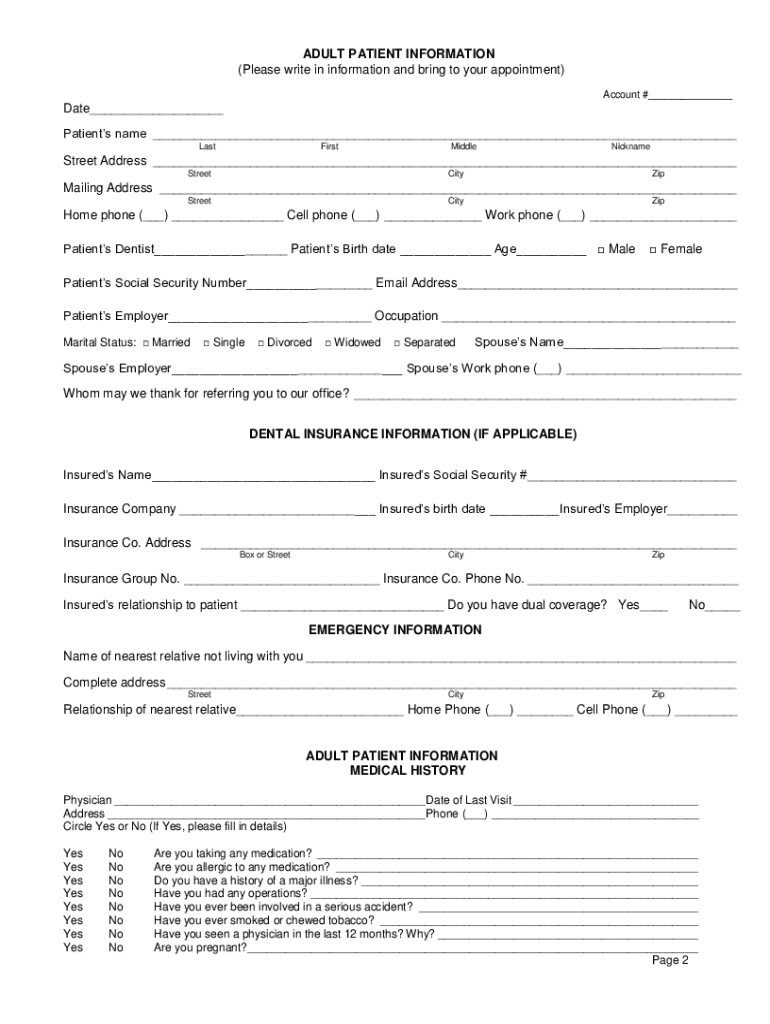 Fillable Online ADULT PATIENT INFORMATION - engelsmiles.com Fax Email Print - pdfFiller