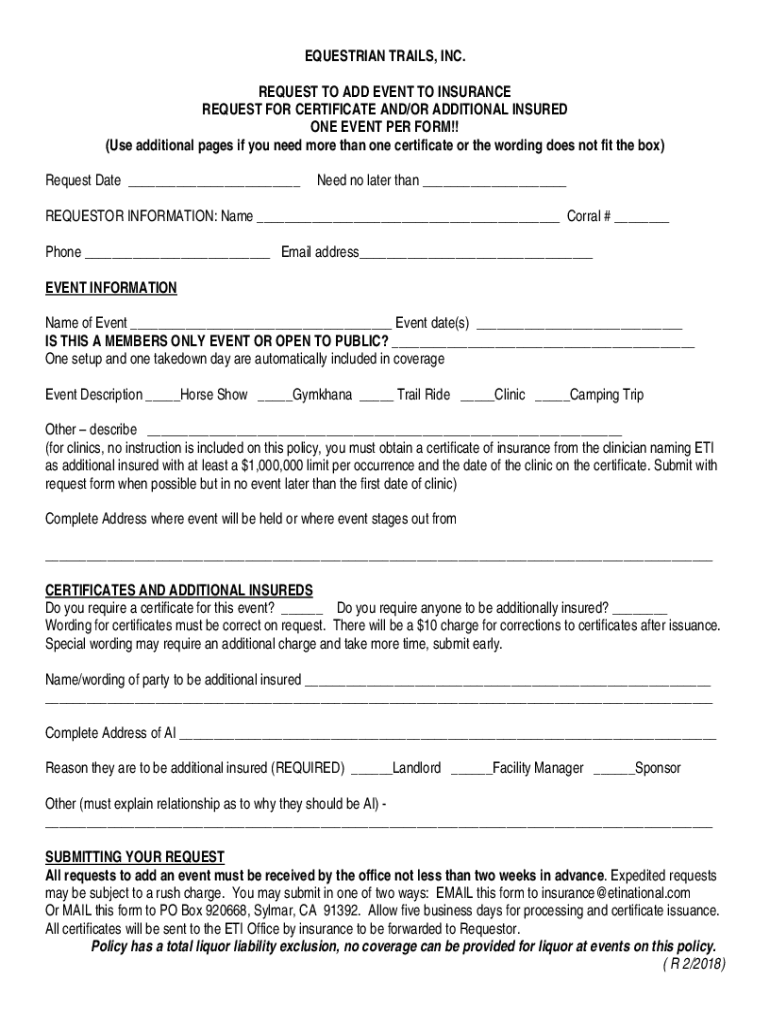 Fillable Online 2018 Master event and Additional Insured request form 3 ...