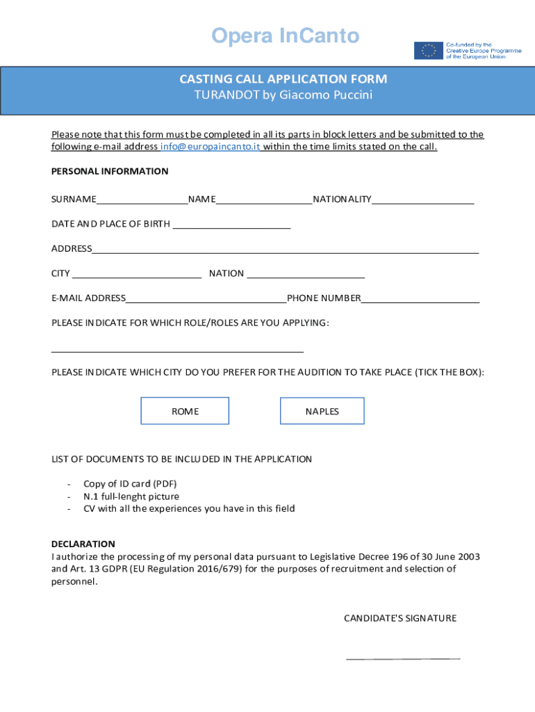 Fillable Online CASTING CALL APPLICATION FORM TURANDOT by Giacomo ...