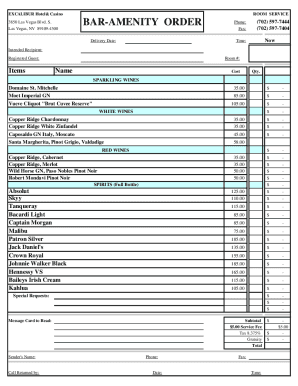 Fillable Online Excalibur Amenities Alcohol Order Form. Excalibur ...