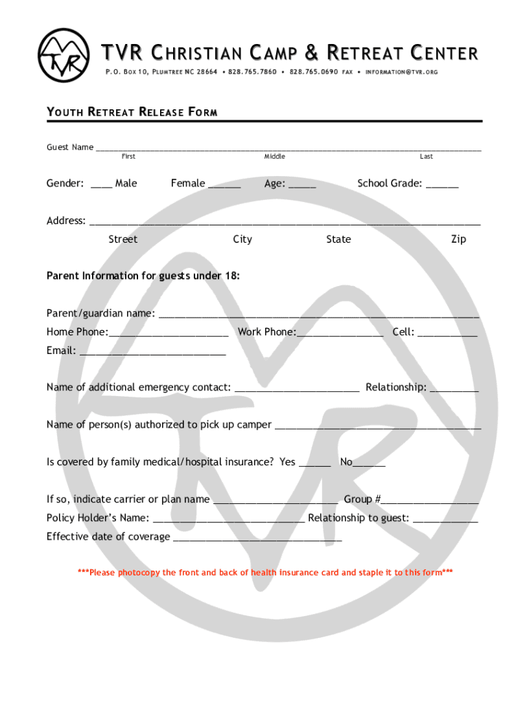 Fillable Online Fillable Online Youth Retreat Release Form Fax Email ...