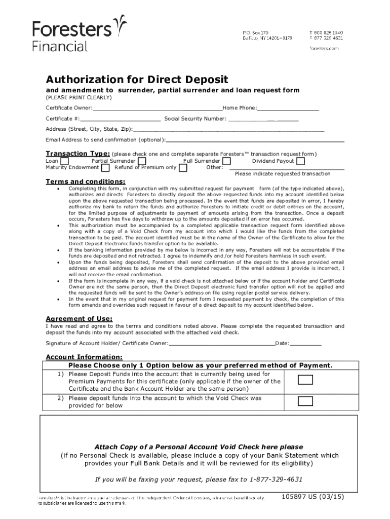 Fillable Online Authorization for Direct Deposit and amendment to ...