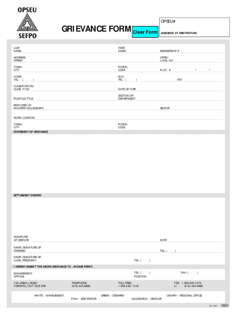 Fillable Online Grievance form Dec.-00 Fax Email Print - pdfFiller