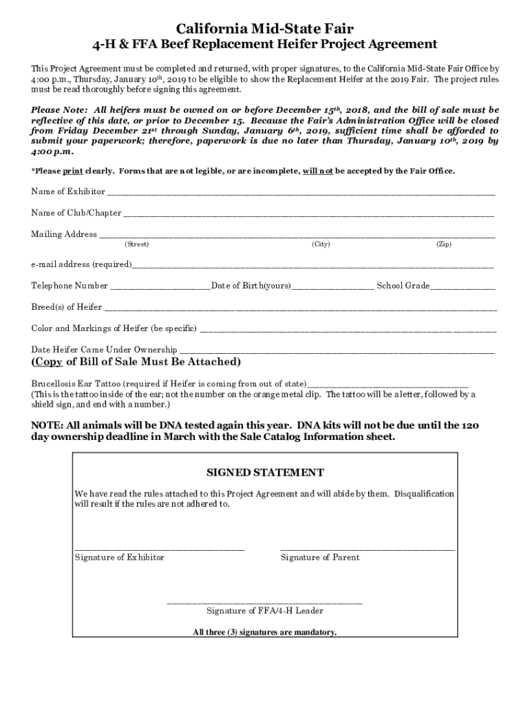 Fillable Online 4-H & FFA Beef Replacement Heifer Project Agreement Fax ...