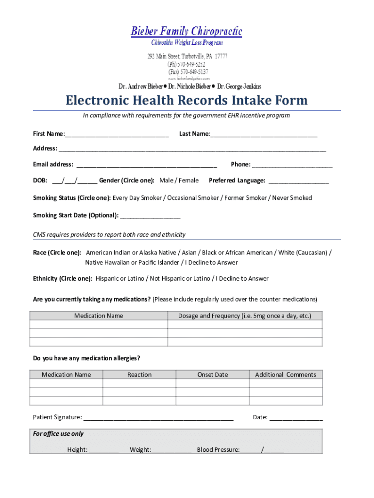 Fillable Online Electronic Health Records Intake Form - Nicolai ...