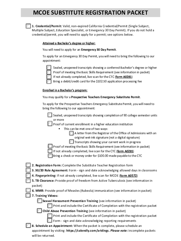 Fillable Online Fillable Online MCOE SUBSTITUTE REGISTRATION PACKET Fax ... Fax Email Print ...