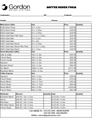 Fillable Online COFFEE ORDER FORM - Gordon Water Systems Fax Email ...