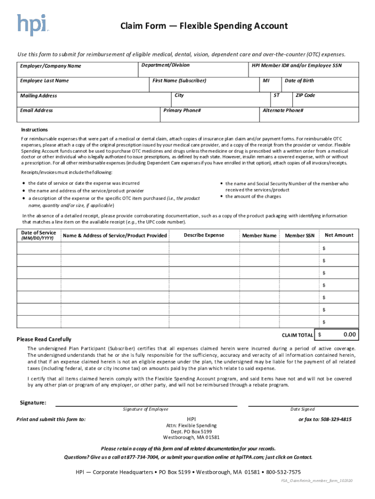 Fillable Online Claim FormFlexible Spending Account Use this form to ...