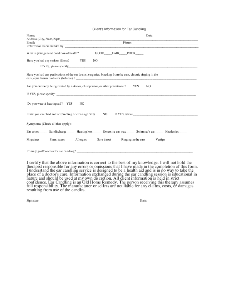 Fillable Online Client's Information for Ear Candling - Heather's ...