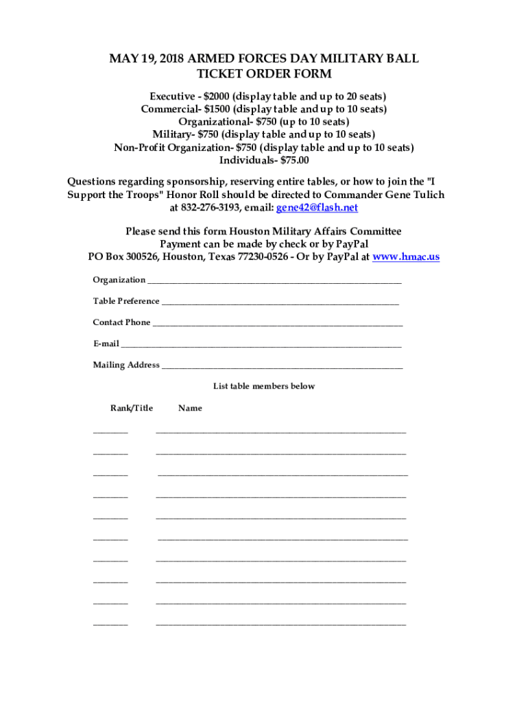 Fillable Online MAY 19, 2018 ARMED FORCES DAY MILITARY BALL TICKET ...