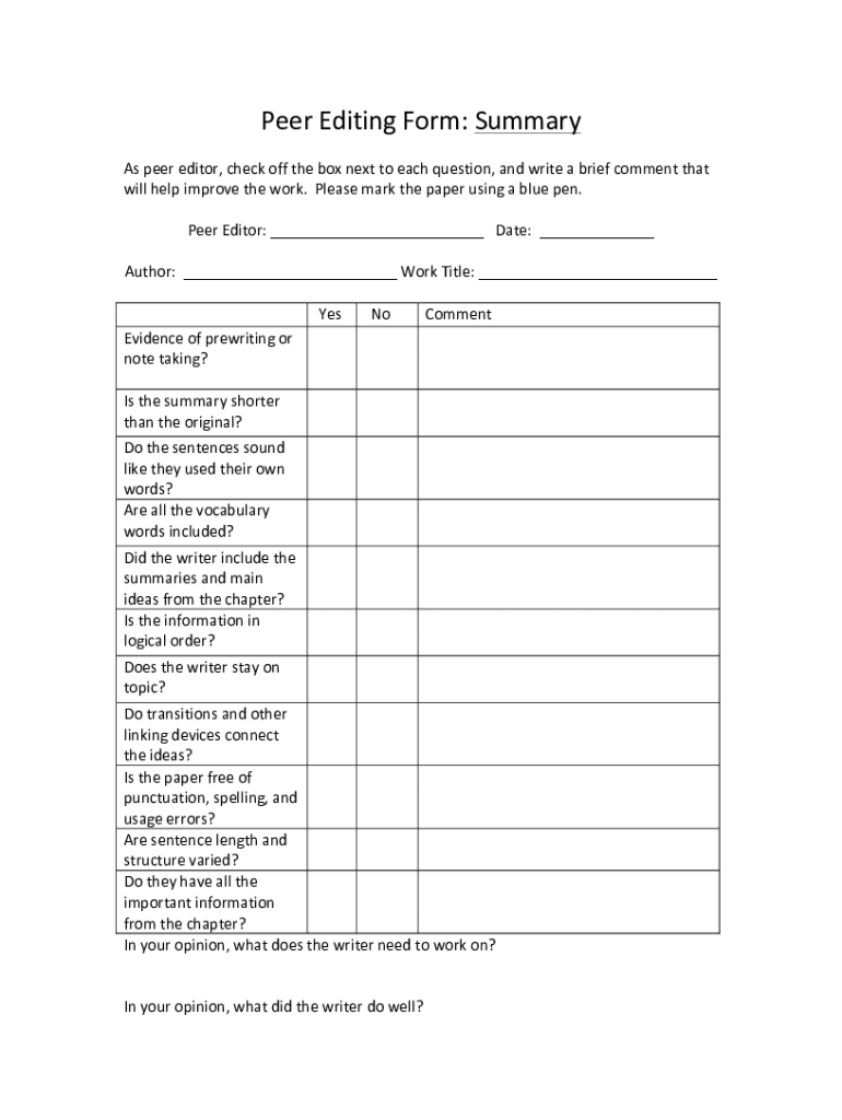 Fillable Online Peer Editing Forms Summary Fax Email Print - pdfFiller