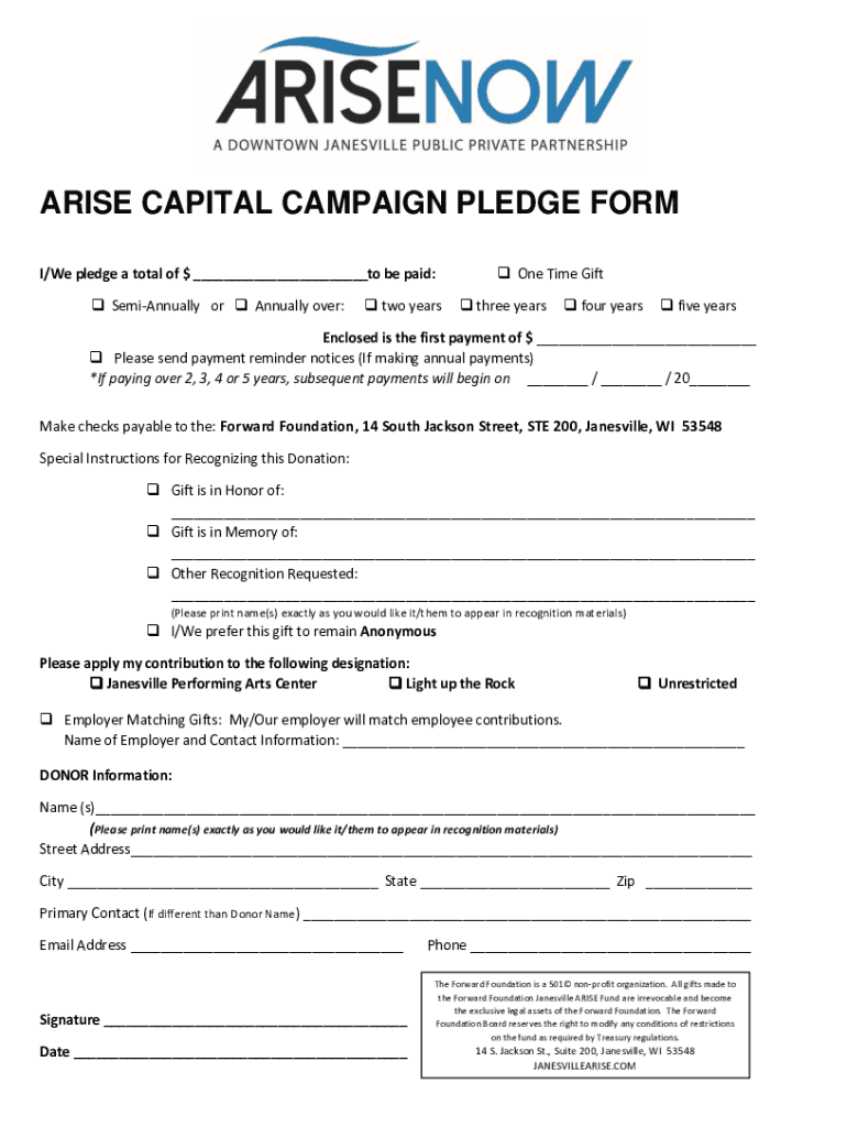 Fillable Online ARISE CAPITAL CAMPAIGN PLEDGE FORM Fax Email Print ...