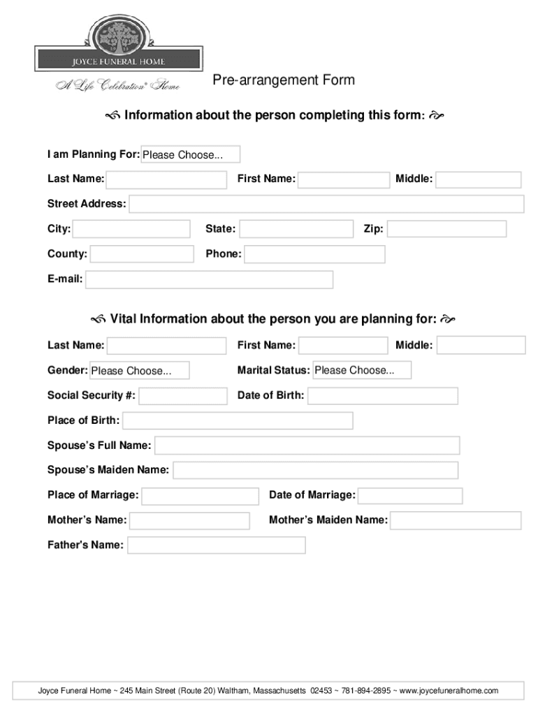 Fillable Online Pre-arrangement Form - Moser Funeral Home Fax Email ...