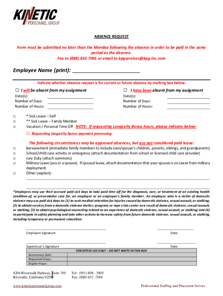 Fillable Online 10+ Absence Request Form Templates in PDFDOCFree ...
