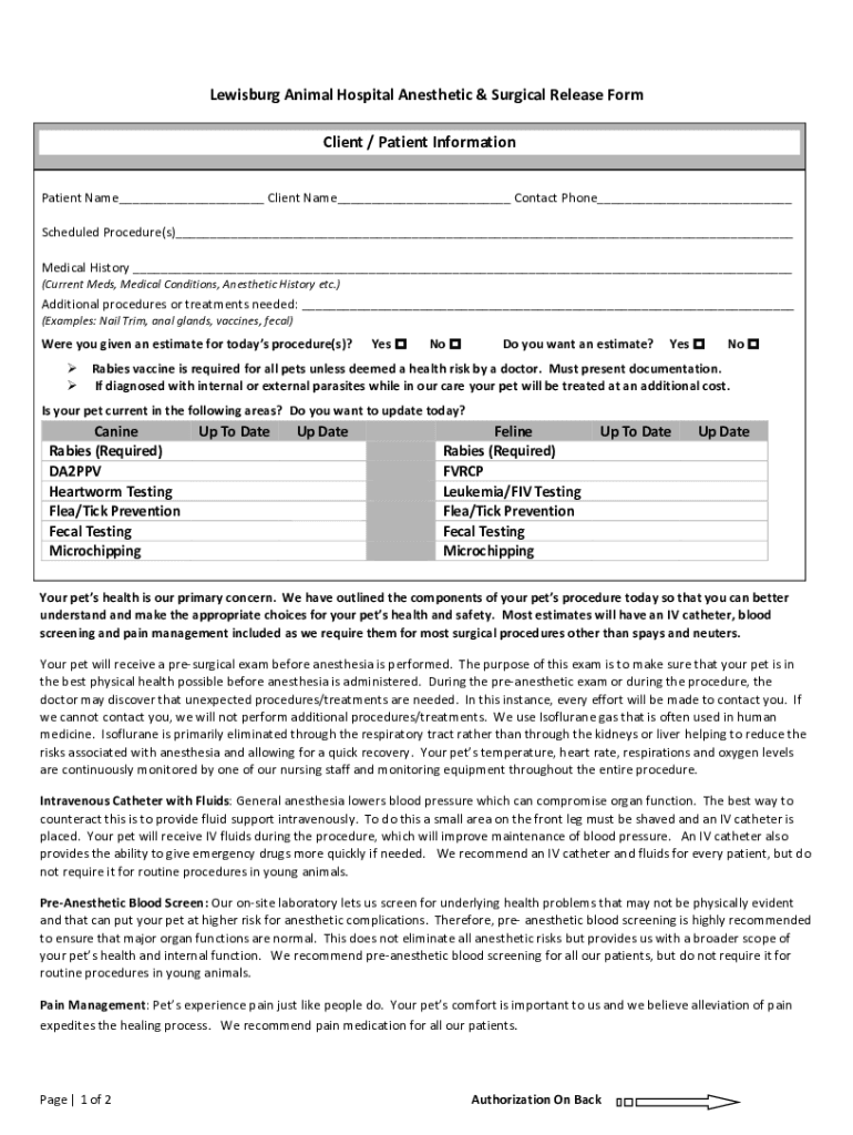 Fillable Online Anesthetic & Surgical Release Form - Lewisburg Animal ...