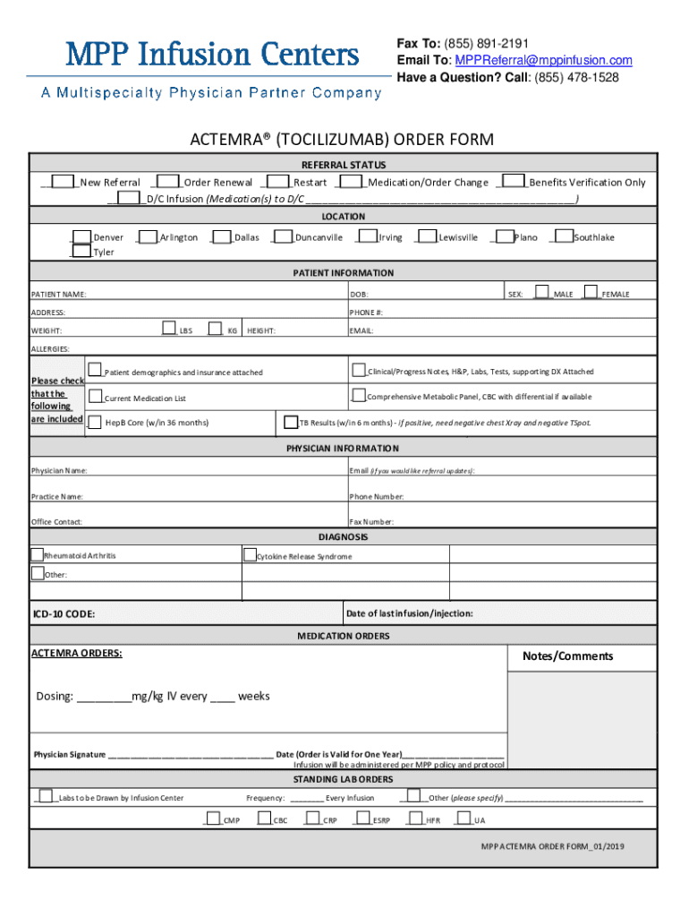 Fillable Online () ORDER FORM - MPP Infusion Fax Email Print - pdfFiller