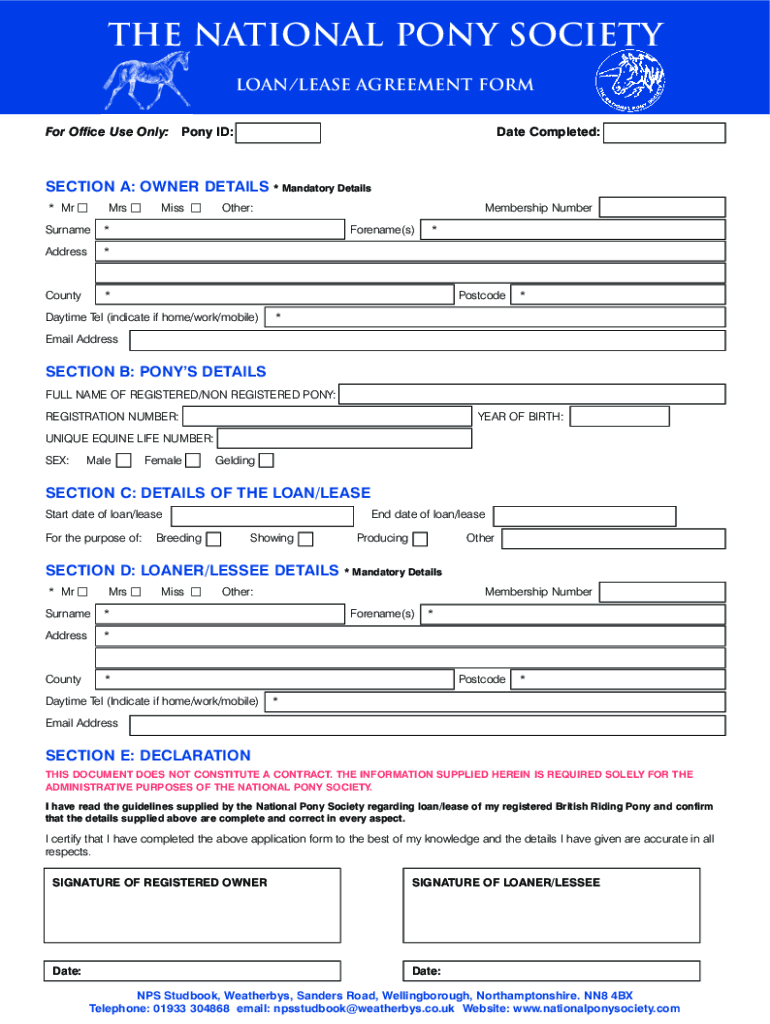Fillable Online national pony loan lease agreement form34945id passport ...