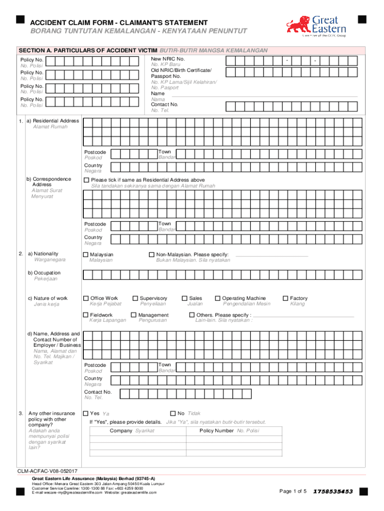 Fillable Online ACCIDENT CLAIM FORM - CLAIMANT'S STATEMENT BORANG ...
