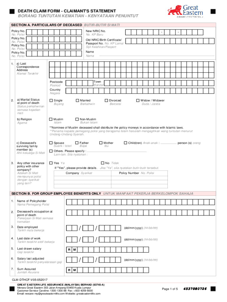 Fillable Online DEATH CLAIM FORM - CLAIMANT'S STATEMENT BORANG TUNTUTAN ...