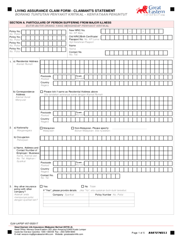 Fillable Online Living Assurance Claim Form - Claimant's Statement CLM ...