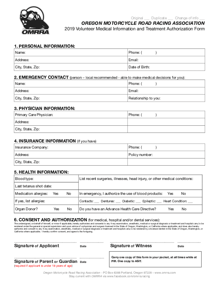 Fillable Online 2020 Vol Medical Form - Oregon Motorcycle Road Racing ...