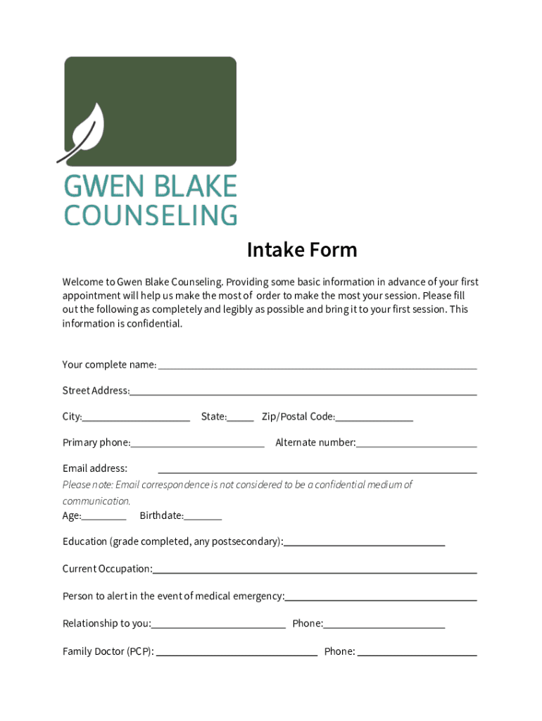 Fillable Online FAMILY THERAPY INTAKE FORM Fill out ... - Blake ...