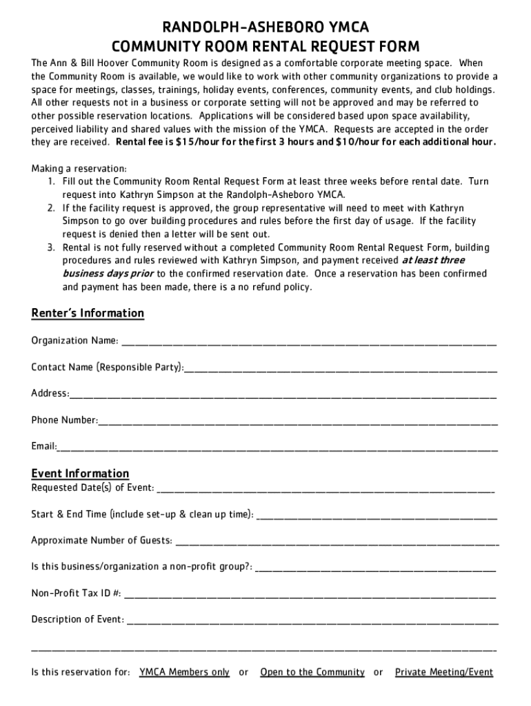 Fillable Online RANDOLPH-ASHEBORO YMCA COMMUNITY ROOM RENTAL REQUEST FORM Fax Email Print ...