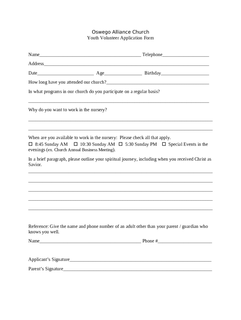 Oswego Alliance Church - Volunteer Application Doc Template | pdfFiller